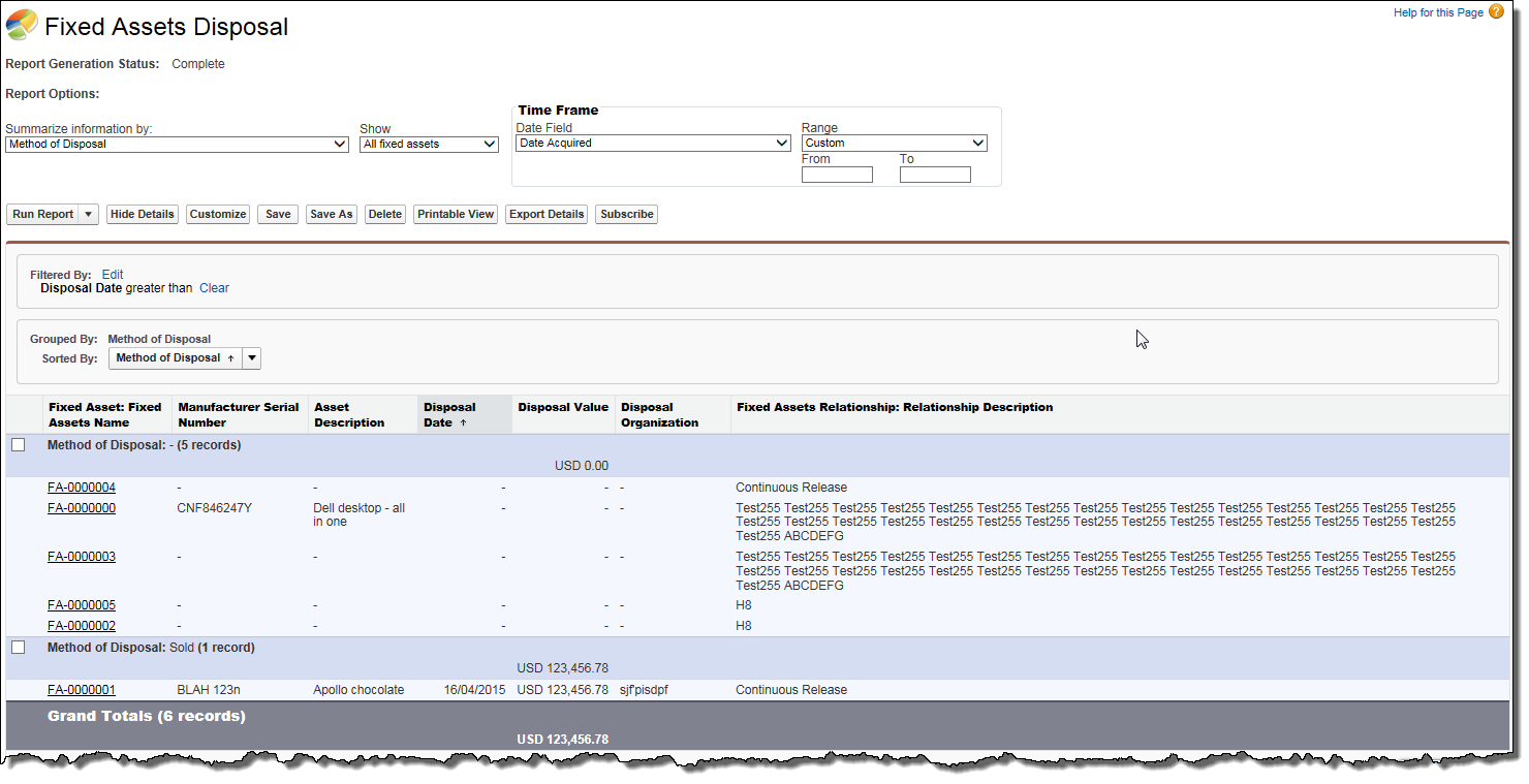 Default Reports - Fixed Asset Management